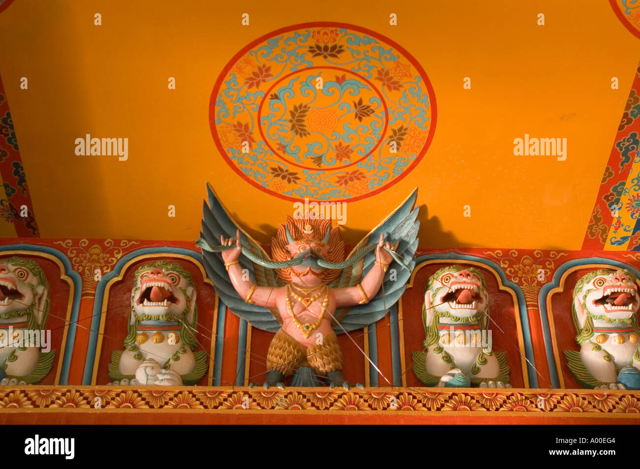 Garuda and Snow Lions mystical animal decorations at Vajra Vidhaya ...