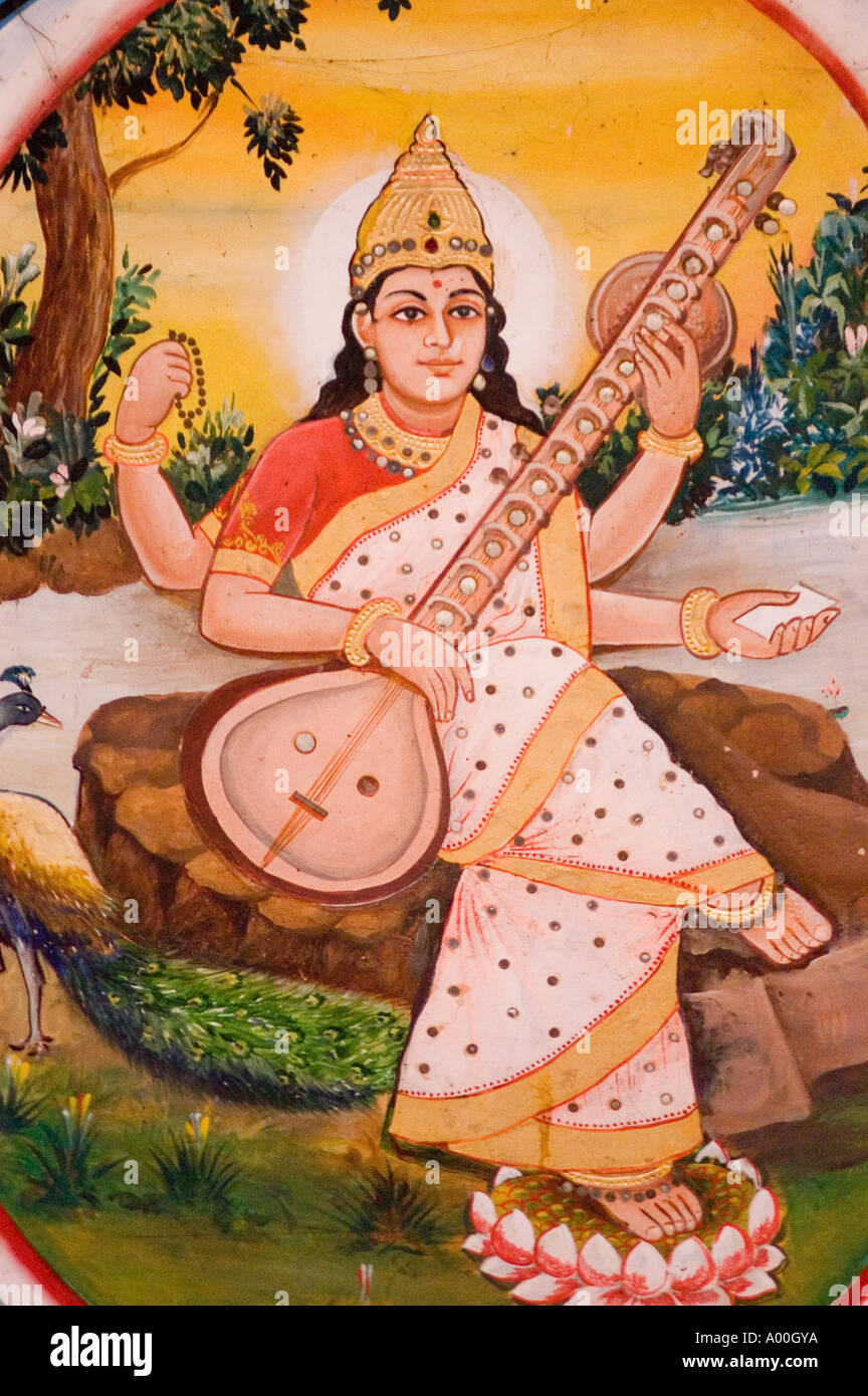 Saraswati indian music godess with sitar mural painting in Varanasi ...