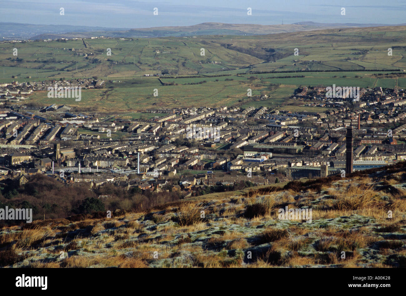 The town of Darwen in Lancashire viewed from the moors above the town ...