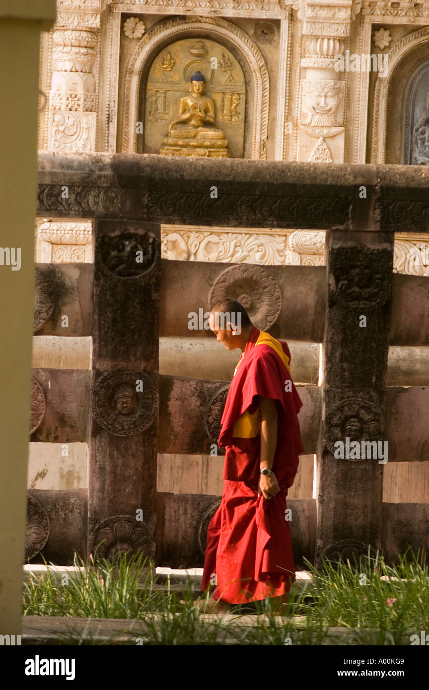 Tibetan buddhist monk rounding Mahabodhi Mahavihara temple complex ...