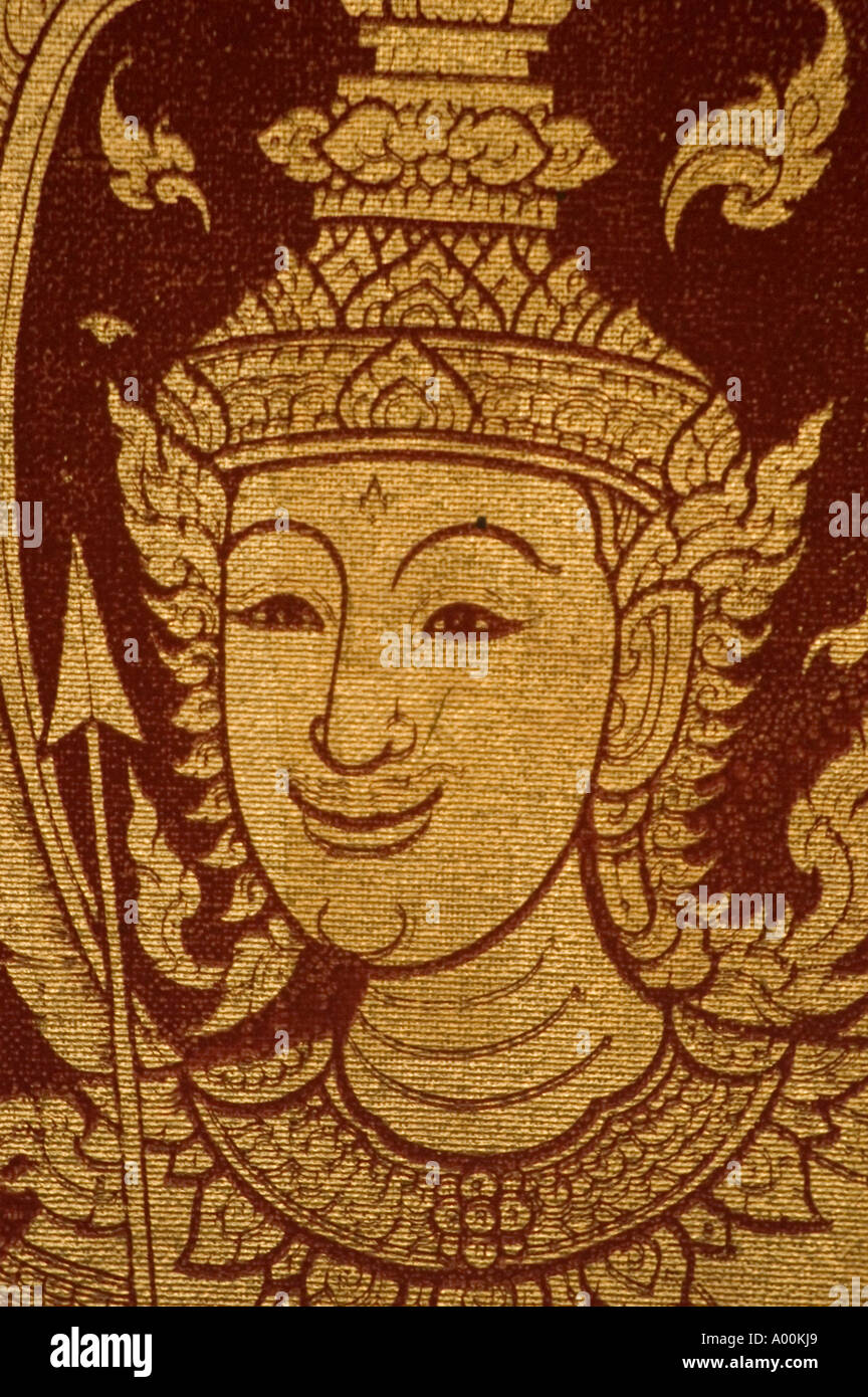 Smiling Buddhist golden man mural paintings in Thai Wat temple in ...