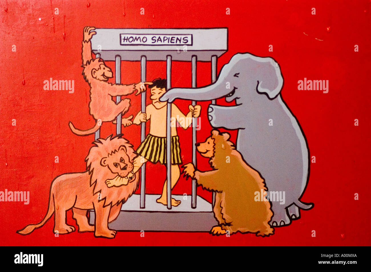 Painting of a human Homo Sapiens in a zoo cage being disturbed by ...