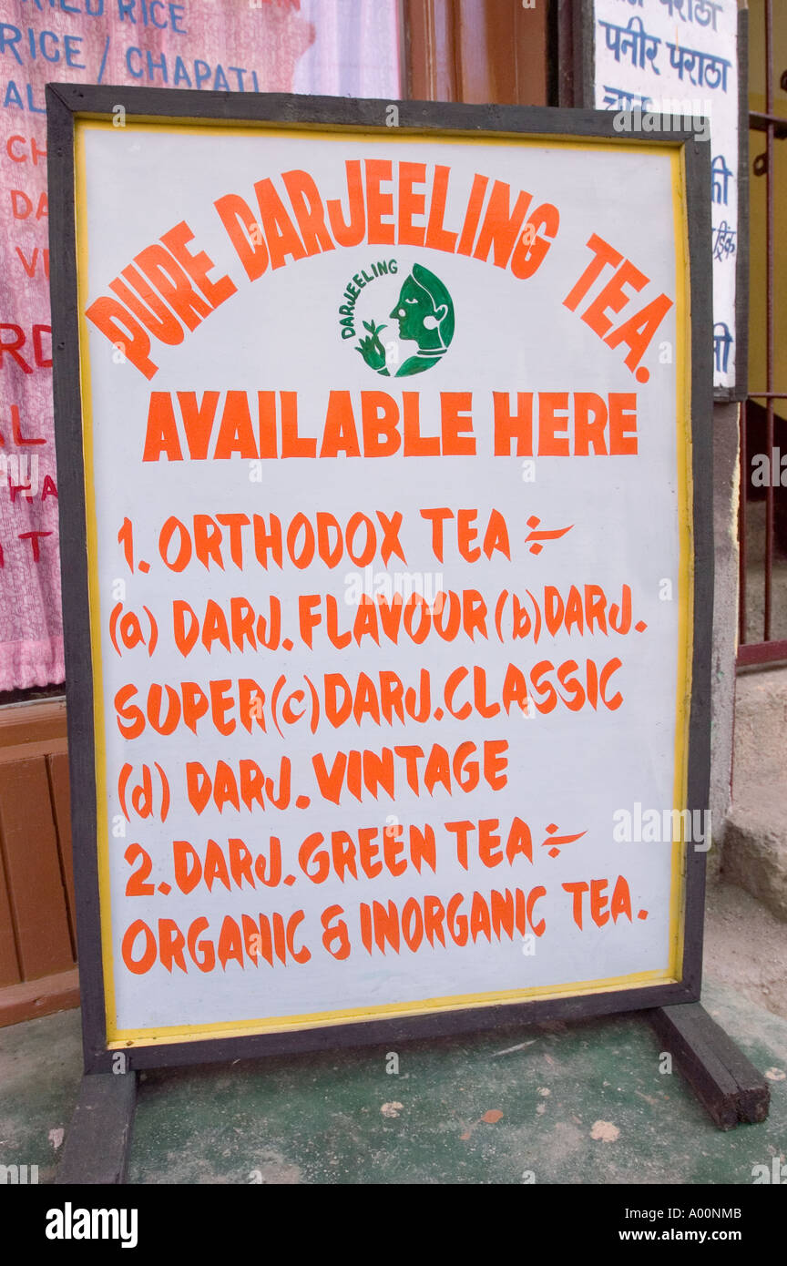 Sign of Darjeeling Tea behind tea shop Darjeeling West Bengal India ...