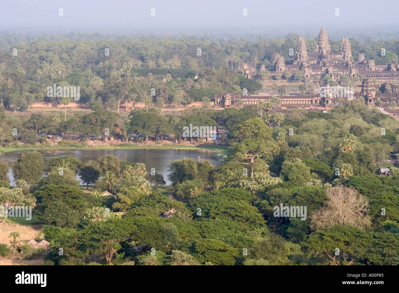 Aerial View of Ankor Wat area from fixed ballon Cambodia South East ...