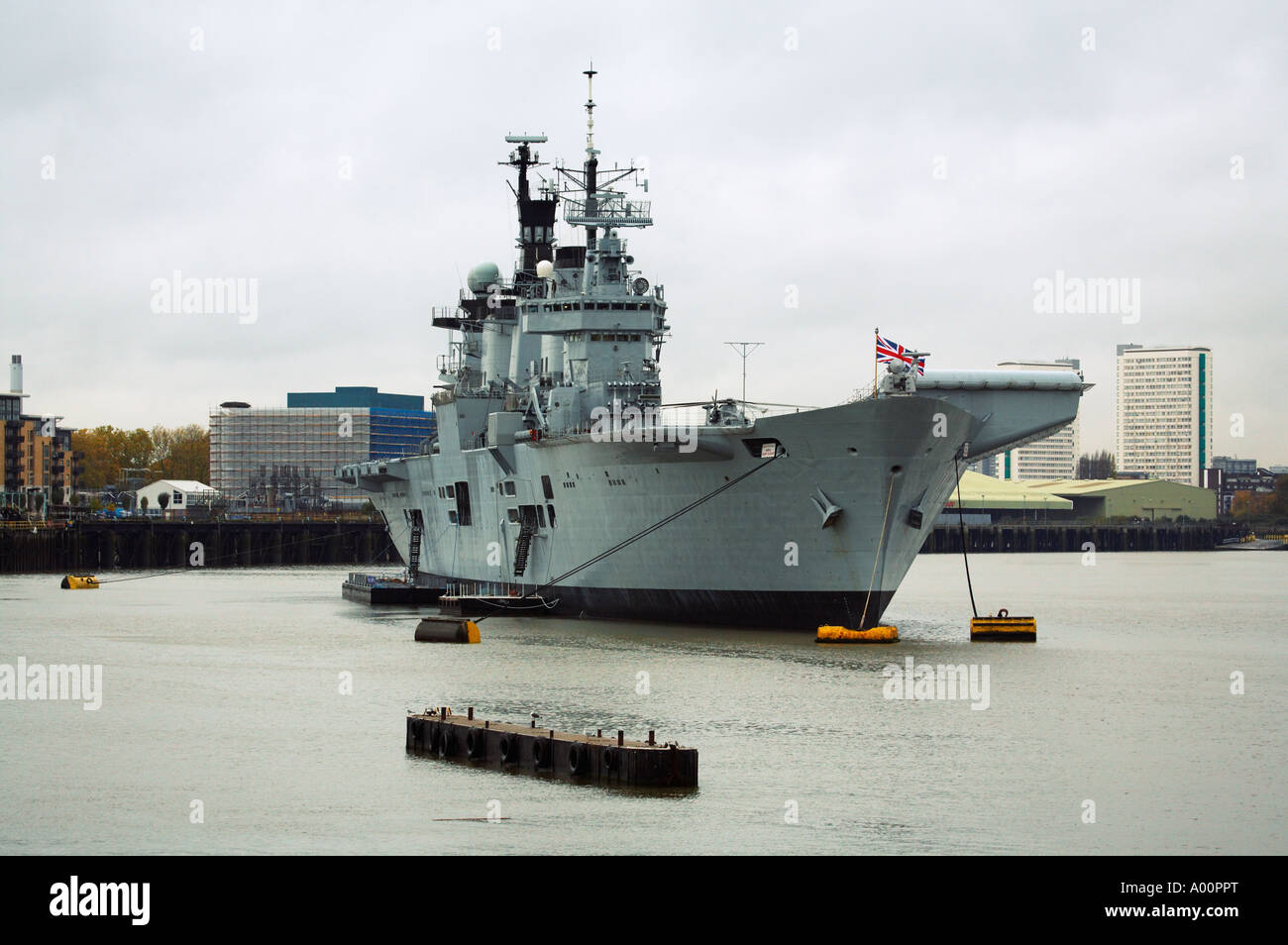 HMS Illustrious anchored in Greenwich London during a visit in November ...