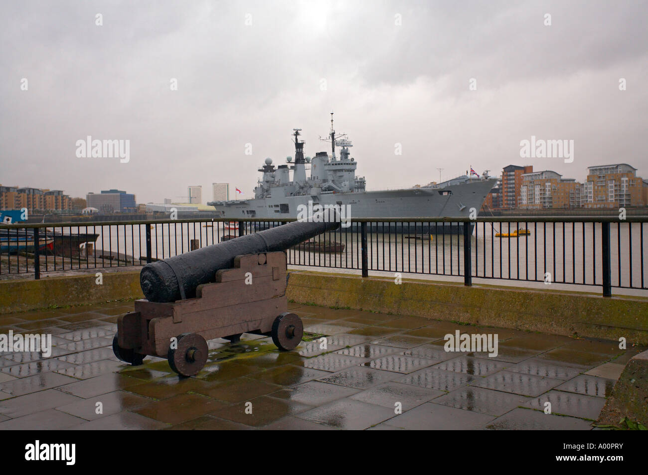 HMS Illustrious anchored in Greenwich London during a visit in November ...