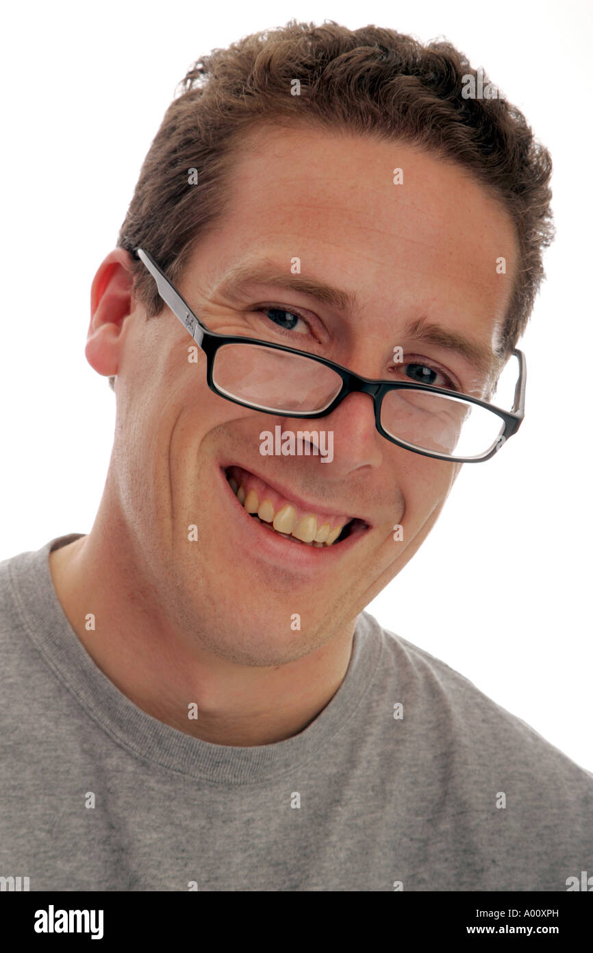 Male portrait bust pose playing with black framed specticles Stock ...