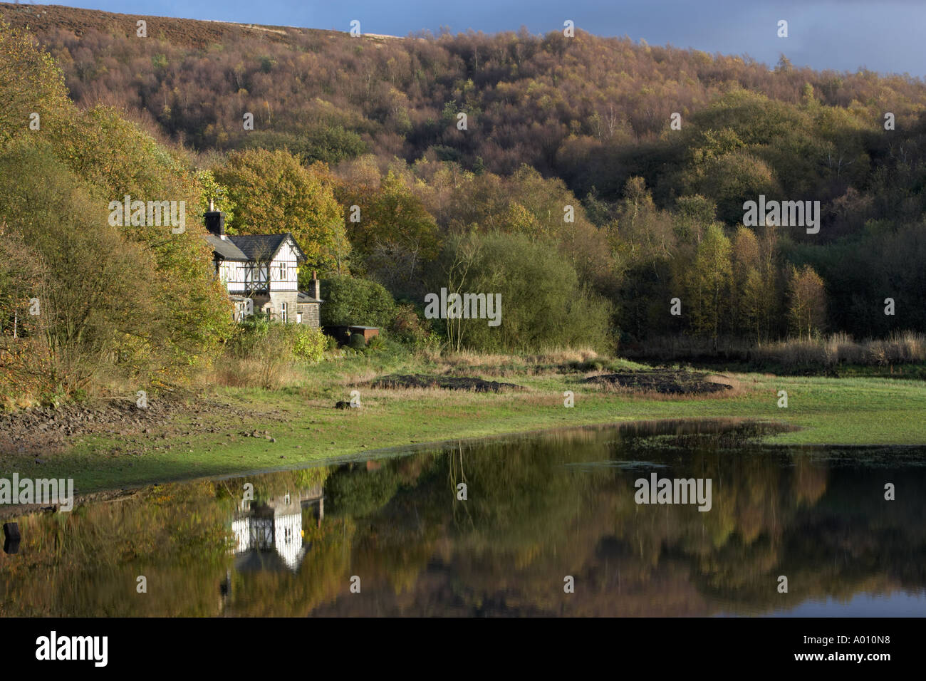 watermans cottage alongside a reservoir near Chorley Lancashire Stock ...