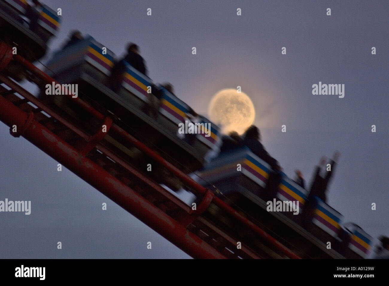 Full moon behind riders on the Pepsi Max Big One rollercoaster at ...