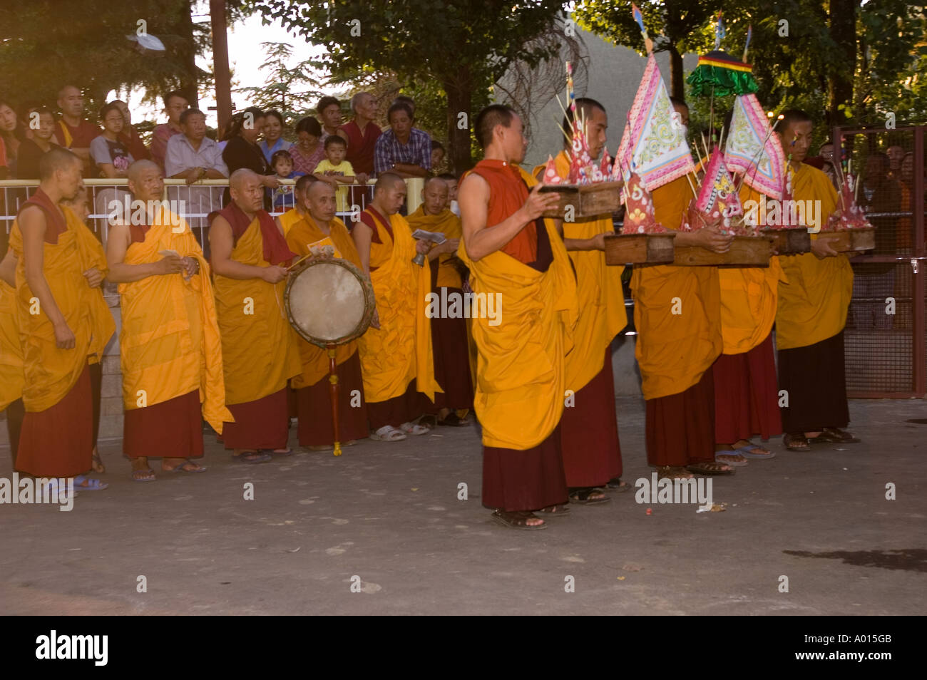 Buddhist monks performing fire ceremony in Dalailama temple Dharamsala ...