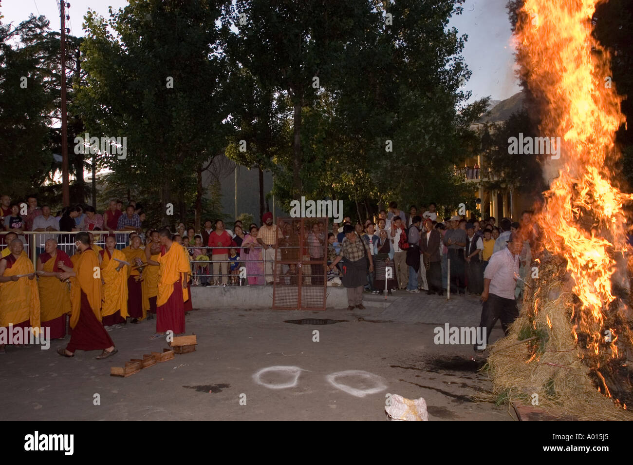 Buddhist monks performing fire ceremony in Dalailama temple Dharamsala ...
