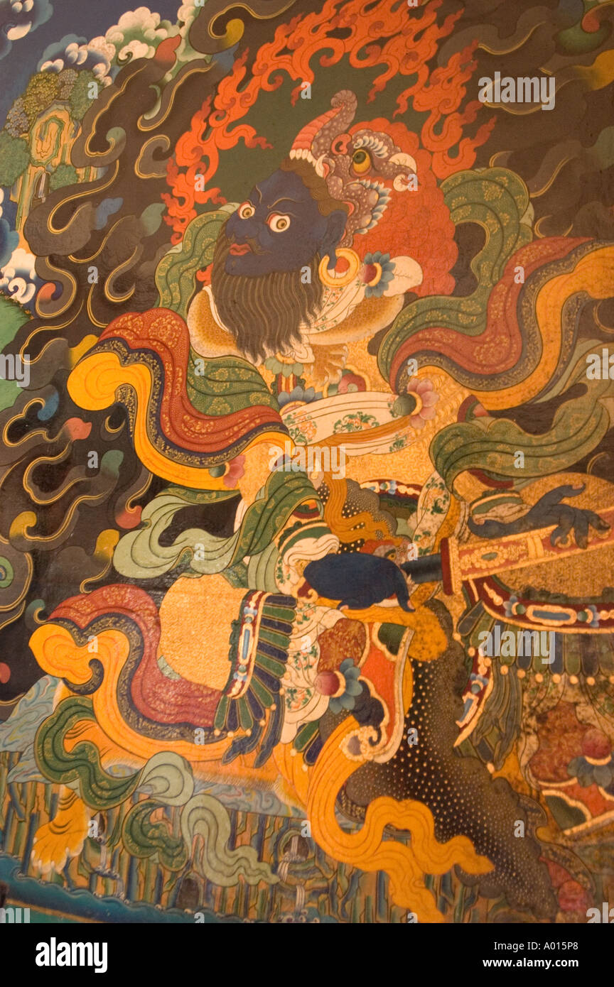 Blue Virudhaka Guardian King of South direction mural in Norbulingka ...