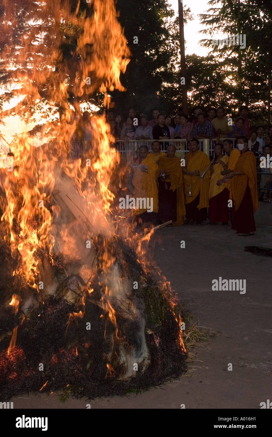 Buddhist monks performing fire ceremony in Dalailama temple Dharamsala ...