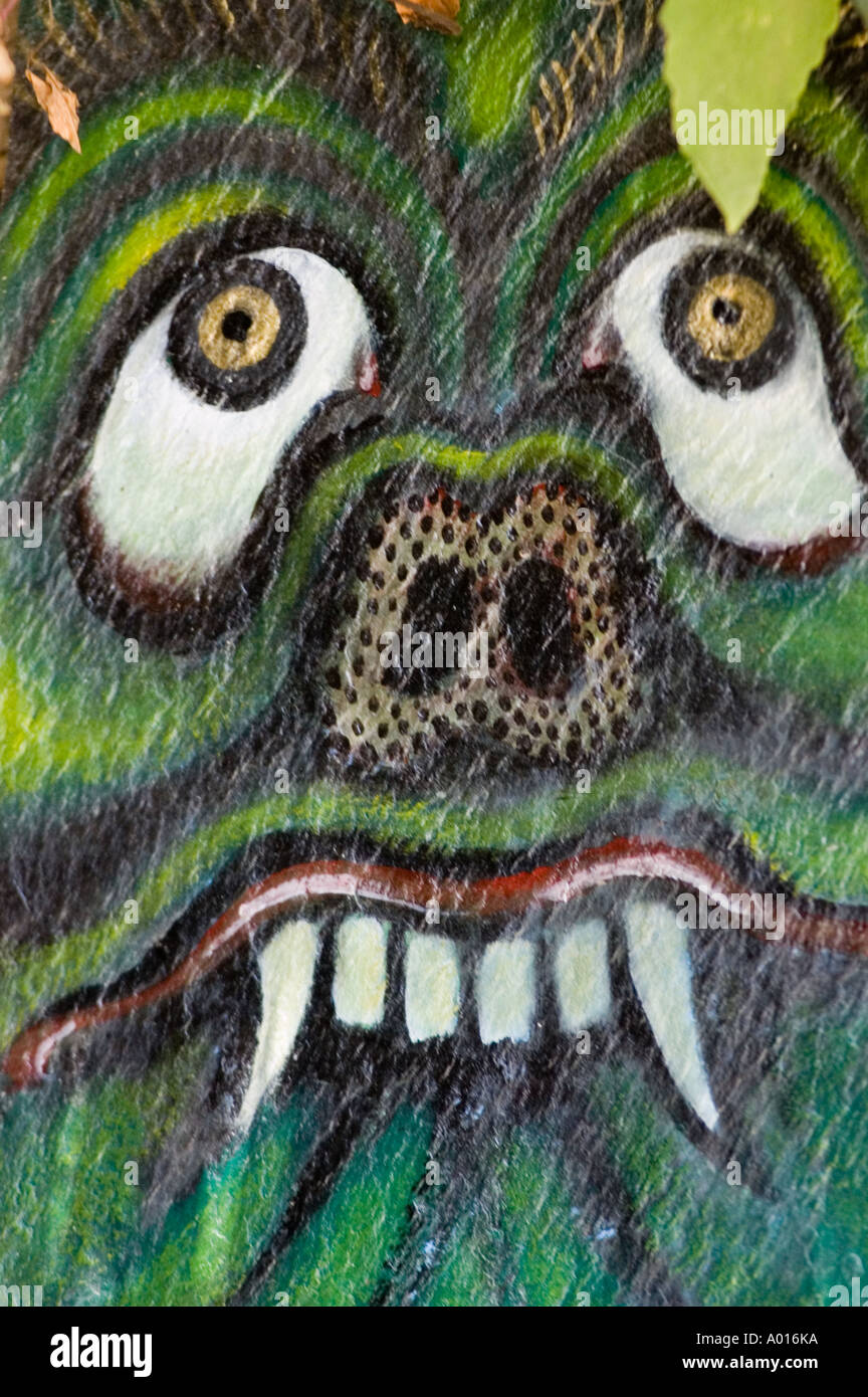 Demon mural painting in post hippies tourist cafee Himalaya India Stock ...