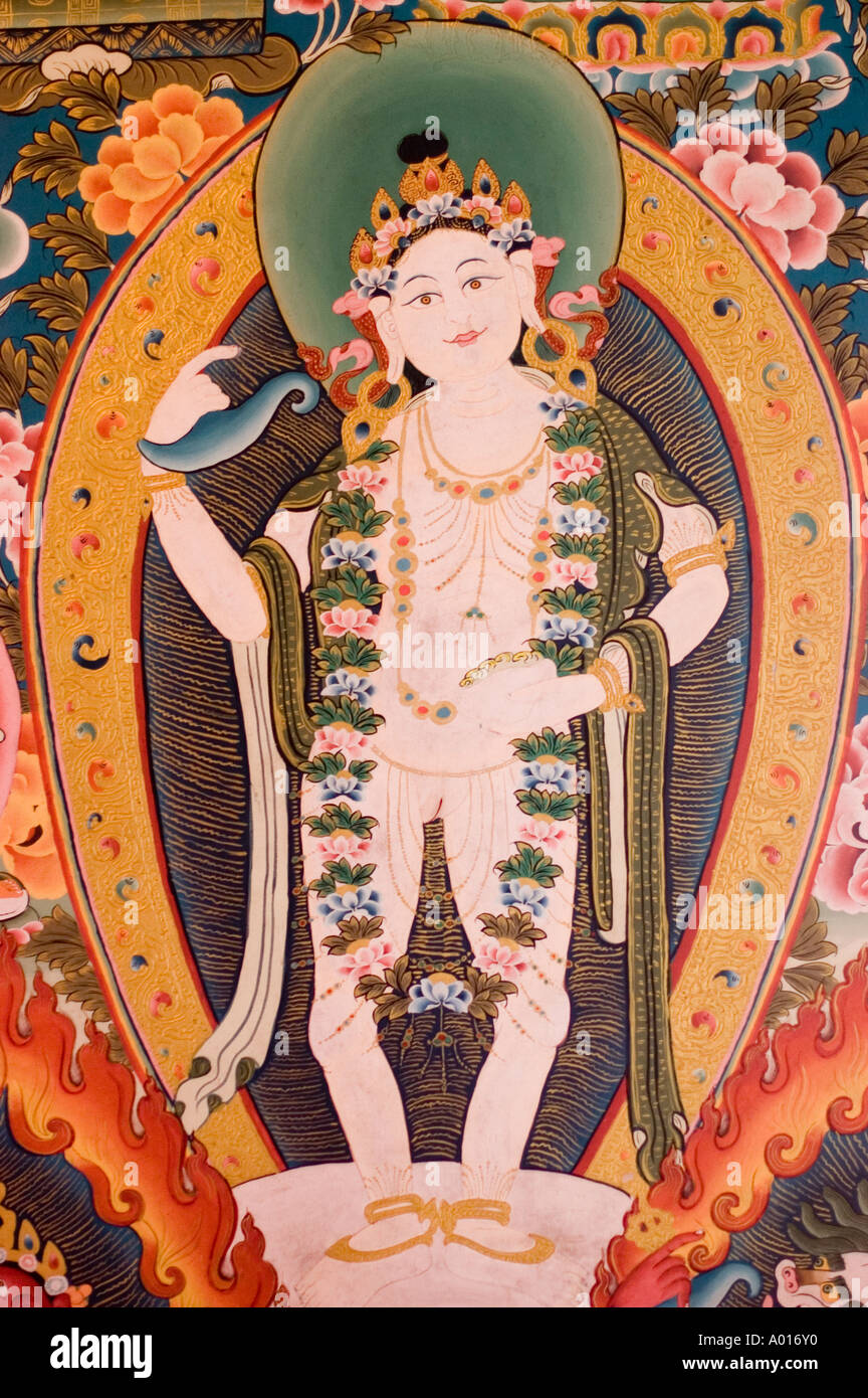 White nacked female form of Machig Labdron performing chod ritual mural ...