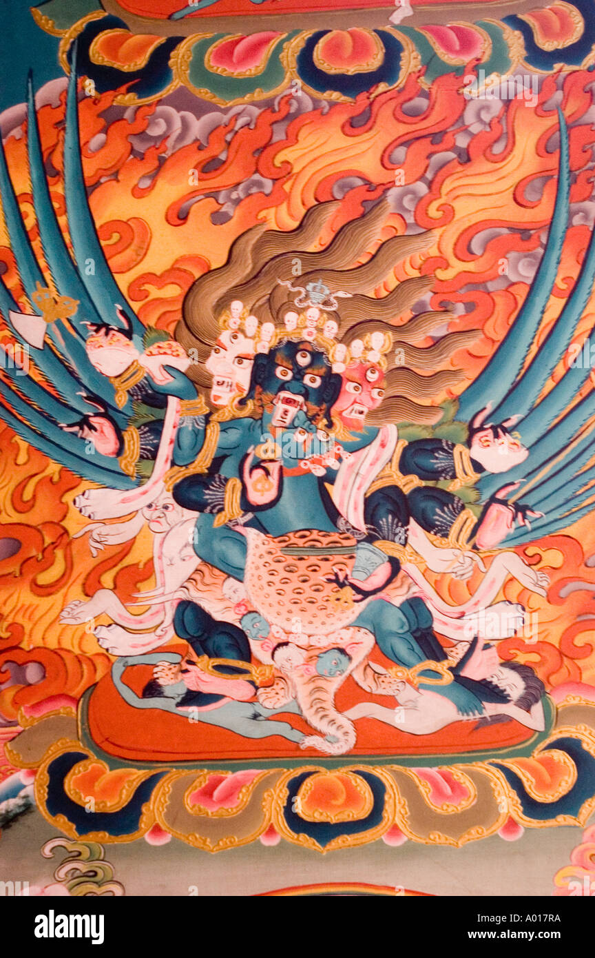 Wrathful form of yidam Vajrakilaya with consort yab yum mural painting ...