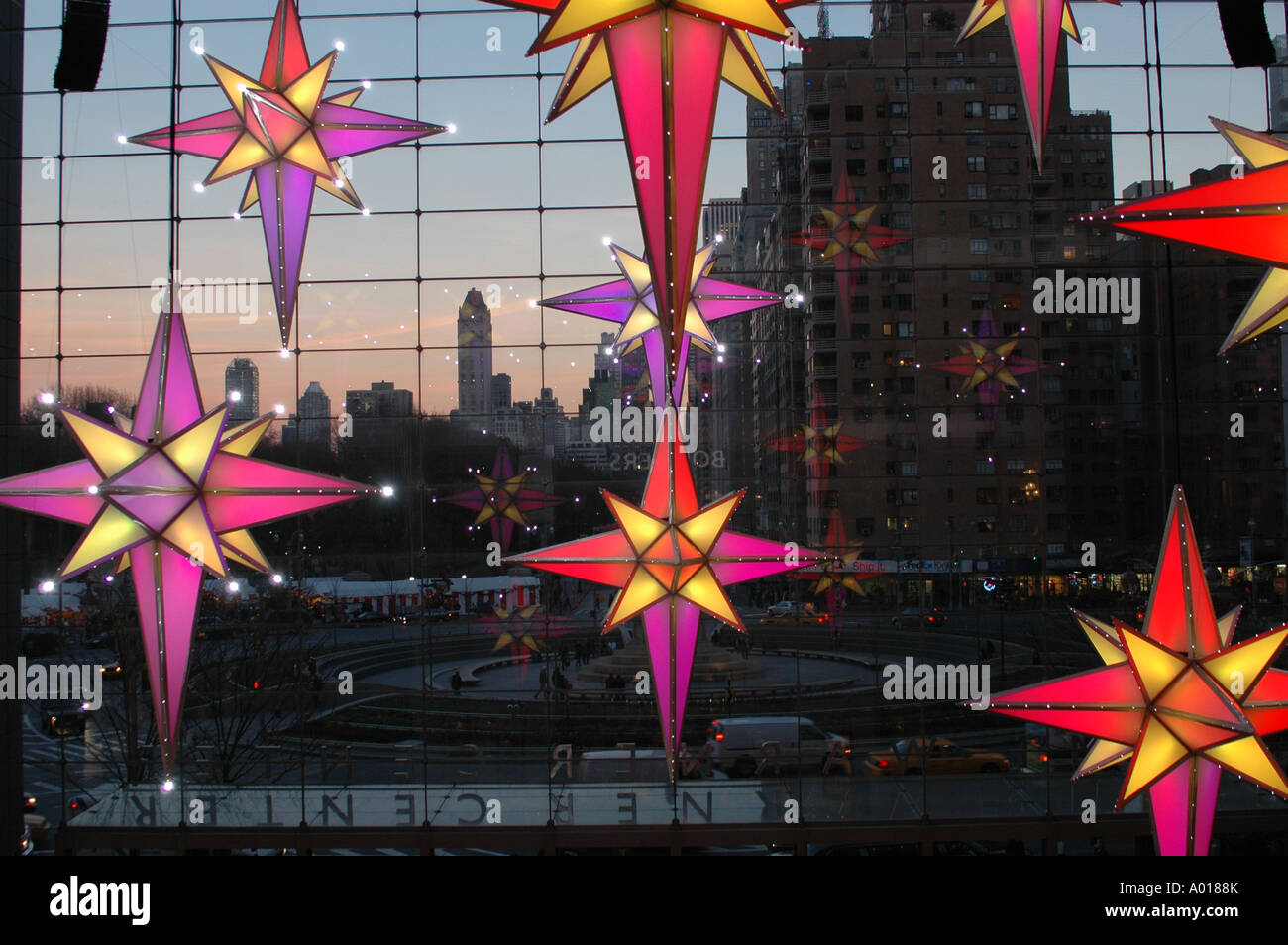 NYC Star decoration for Christmas in Time Warner Center during twilight ...