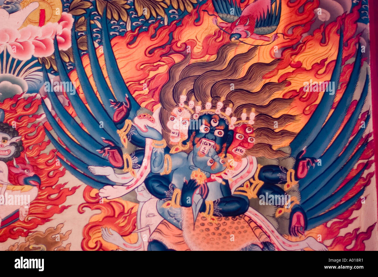 Mural painting of wrathful yidam Vajrakilaya with consort in yab yum ...