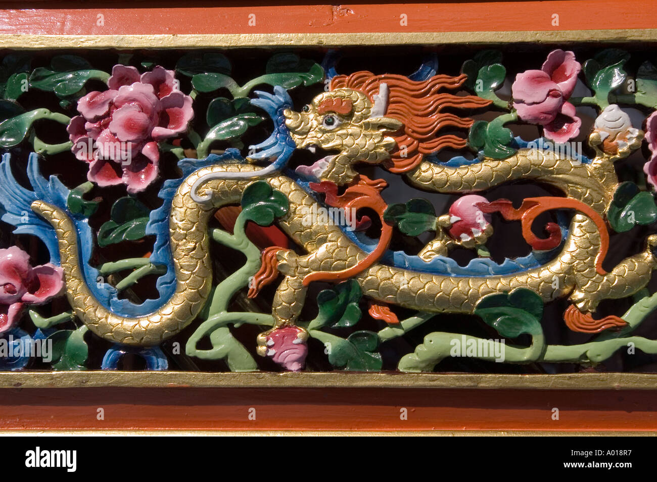 Golden Dragon wooden bas relief Namchi Nyingma monastery Sikkim India ...