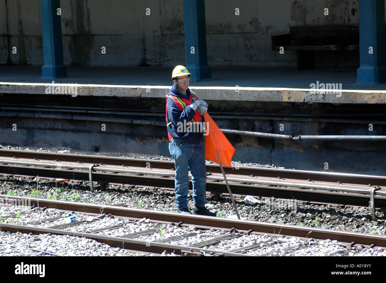 NYC MTA subway worker stand by in the subway track in Brooklyn Stock ...