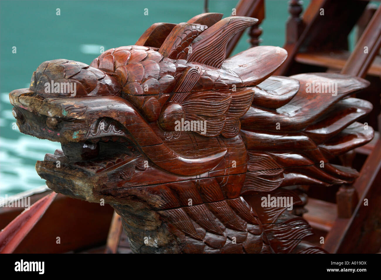Polished wood dragon good luck figurehead on cruising boat Cat Ba ...