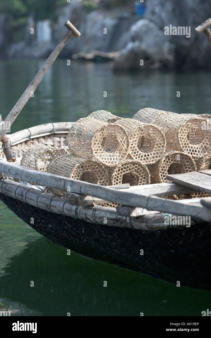 Woven fish traps floating fishing village Cat Ba Town bay north east ...