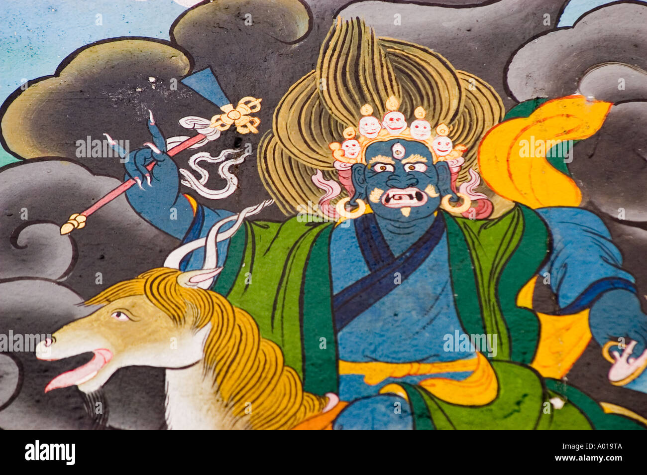 Dark blue buddhist protector riding horse mural painting Rumtek ...