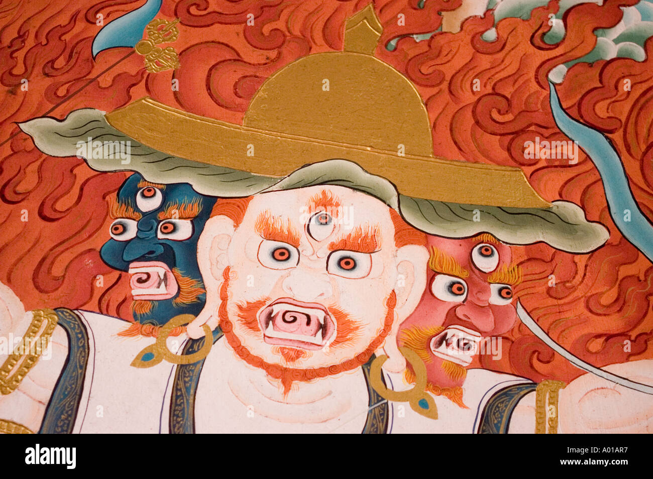 Face closeup of white buddhist protector Pehar mural paintings in ...
