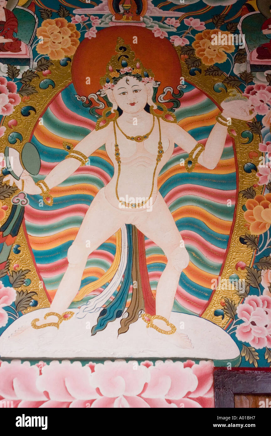 White nacked Machig Labdron performing chod ritual with damaru mural ...