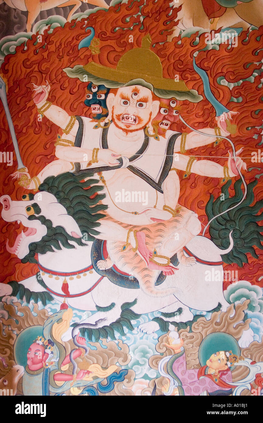 White buddhist protector king Pehar riding on Snow Lion mural paintings ...