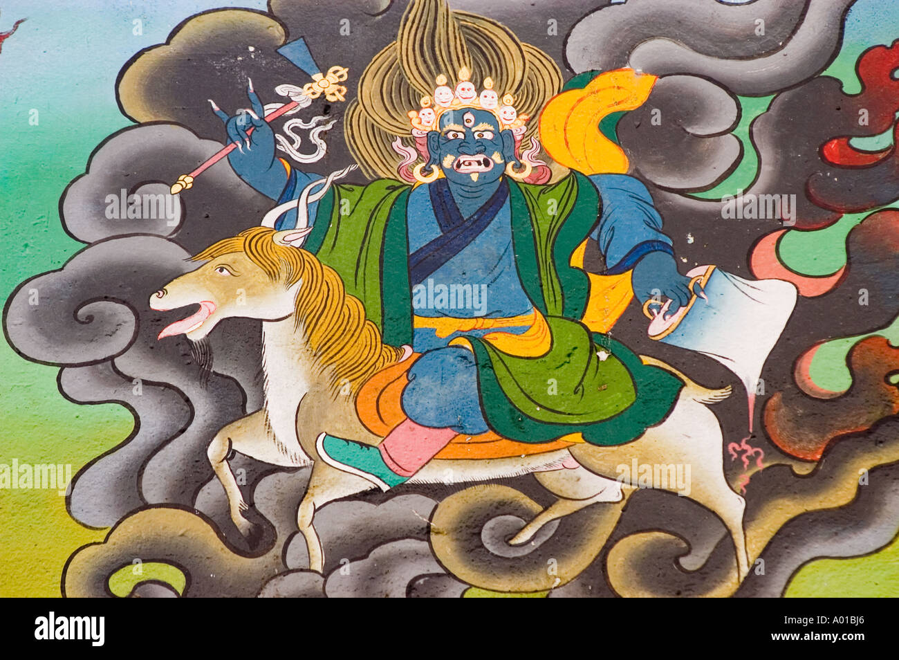 Dark blue buddhist protector riding horse mural painting Rumtek ...