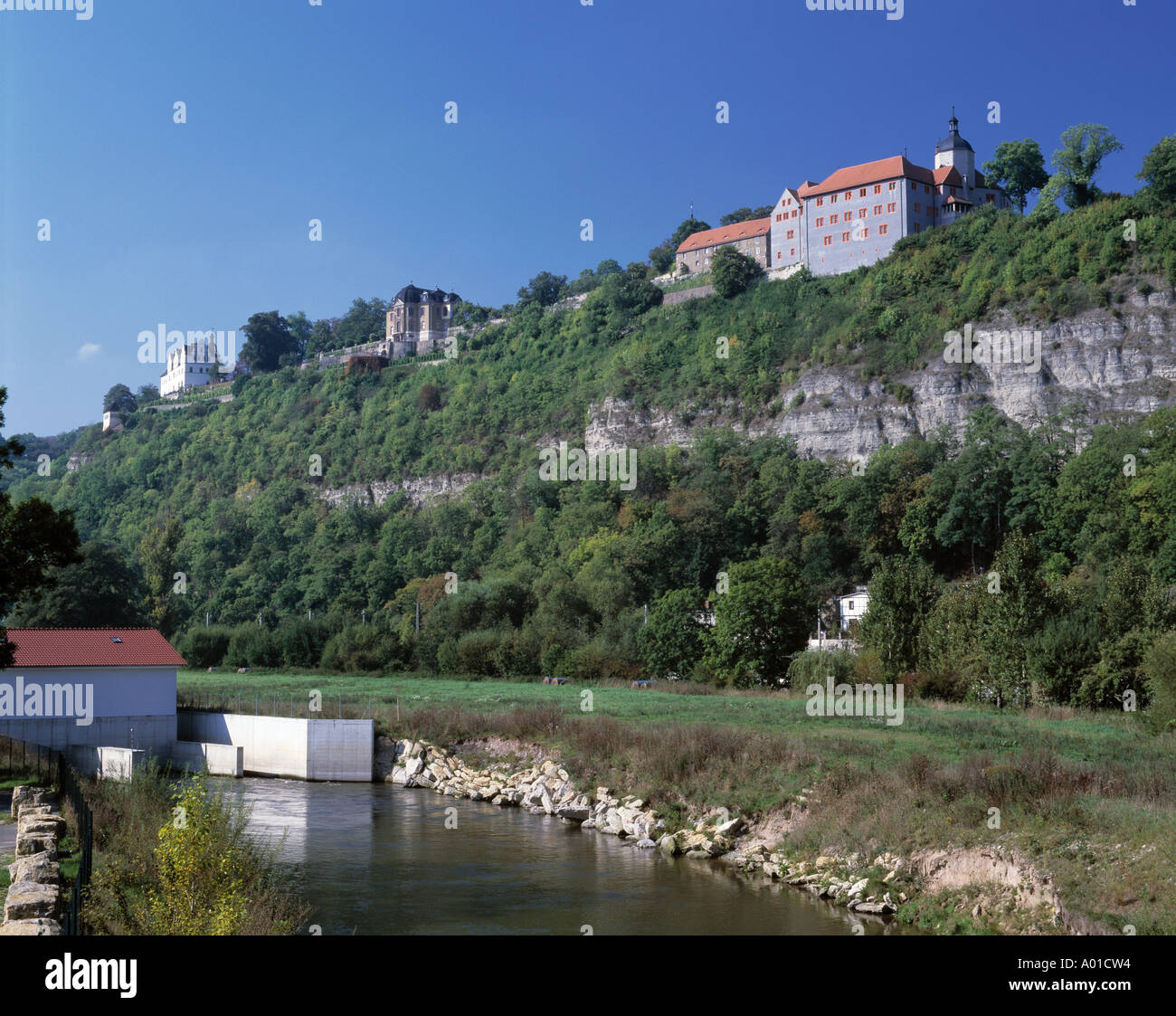 Saalelandschaft und Dornburger Schloesser in Dornburg, Thueringen Stock ...
