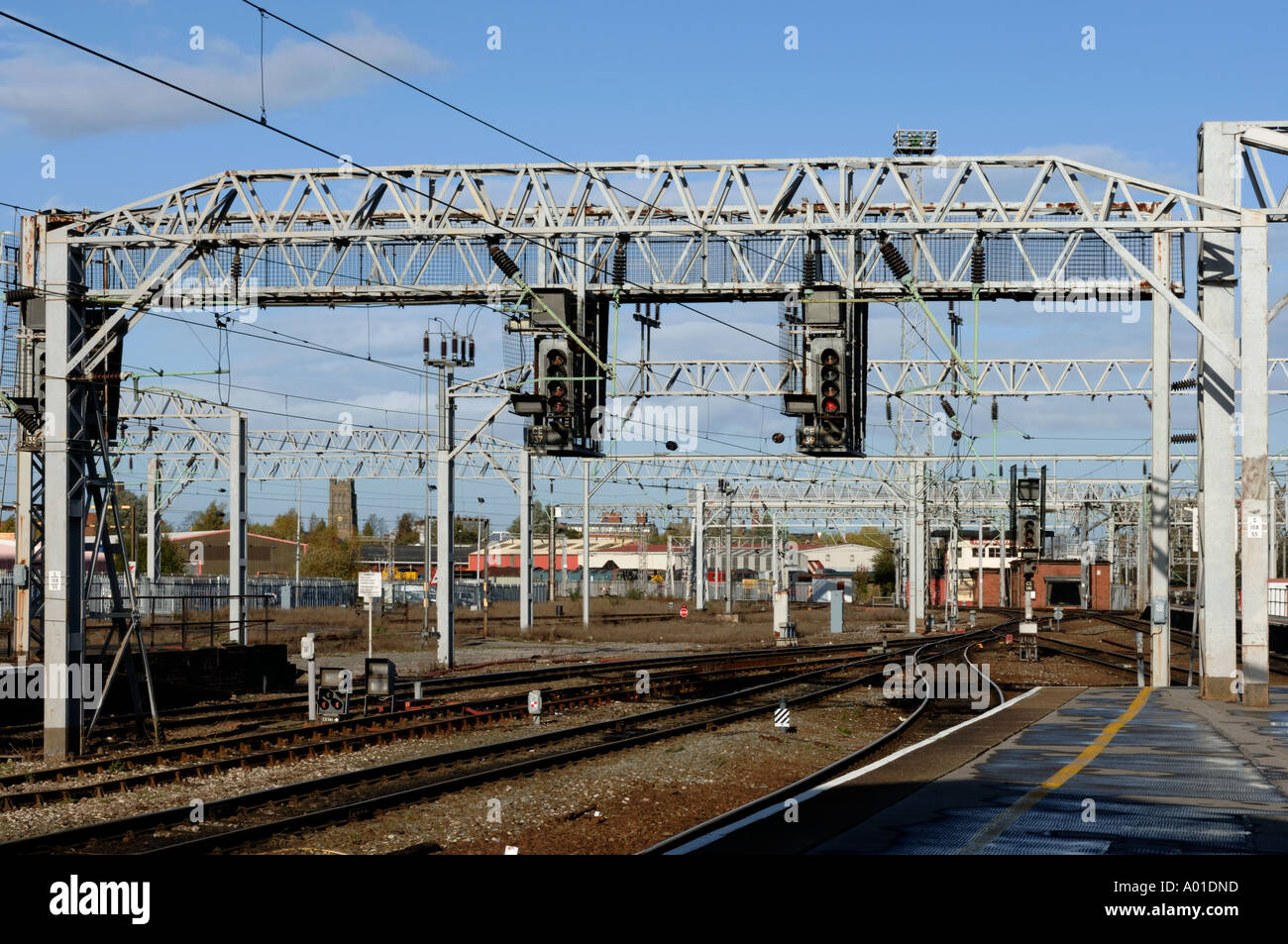Overhead gantry and track at Crewe railway station Crewe Cheshire ...