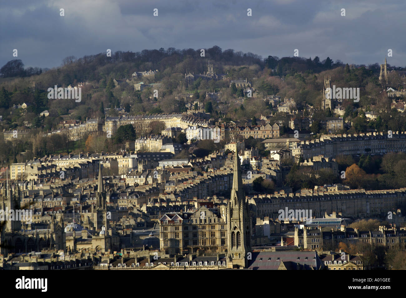 Aerial view of Bath Abbey and Bath city centre seen from hills to South ...