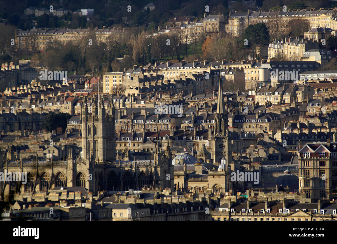 Aerial view of Bath Abbey and Bath city centre seen from hills to South ...