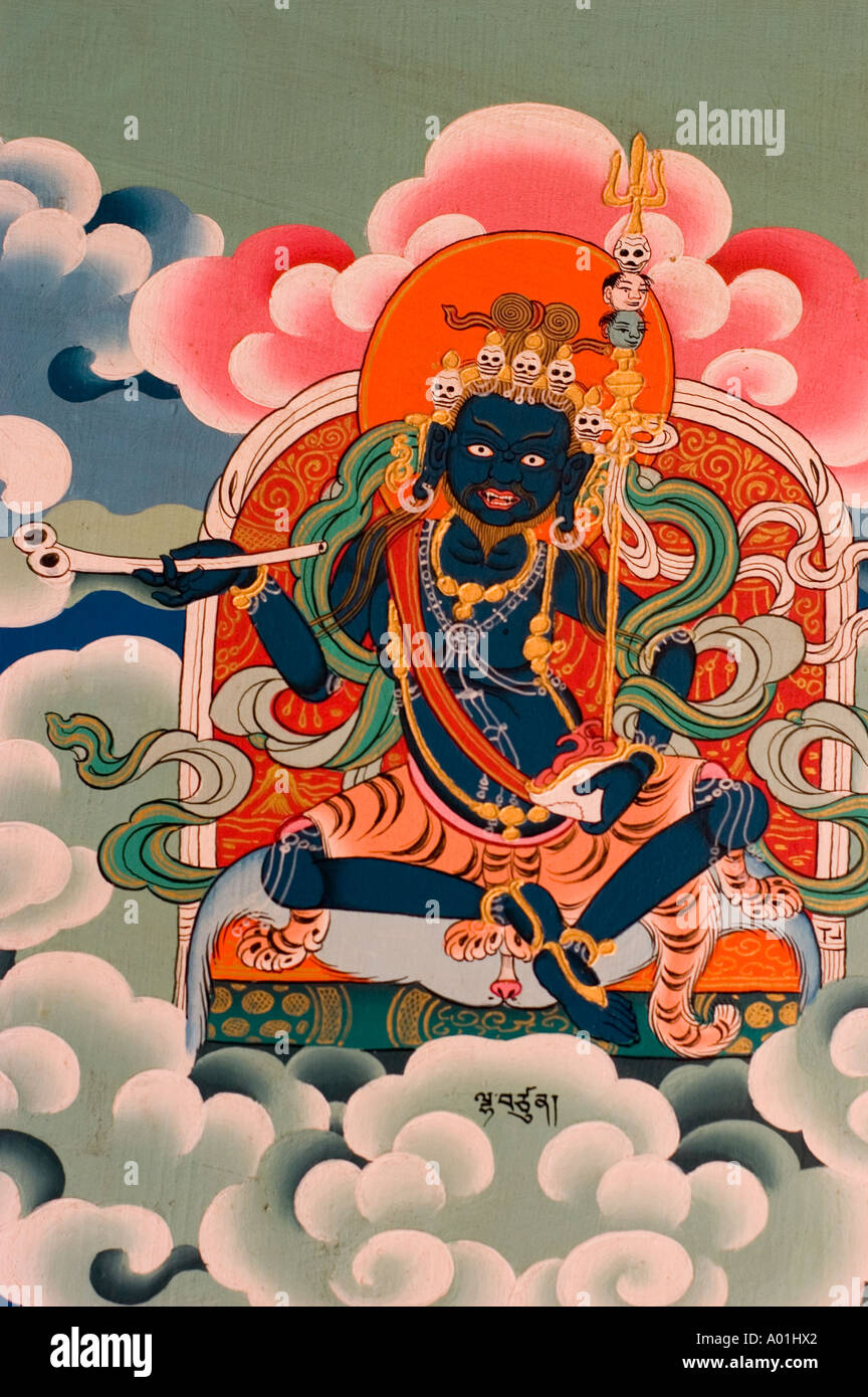 Dark blue female buddhist deity performing chod ritual mural in ...