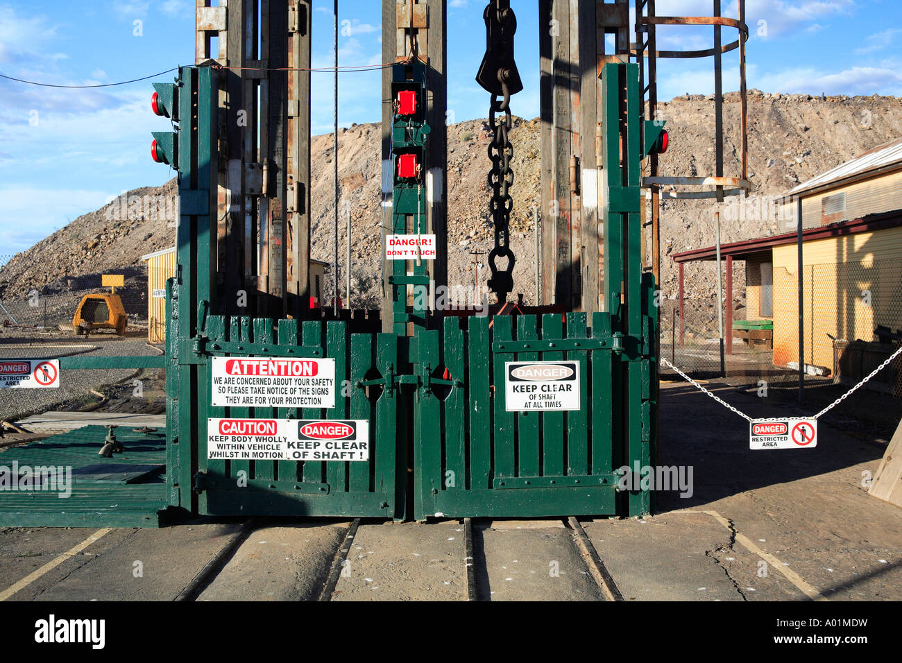 Mine Shaft detail of two cage access into underground mine, on top of ...