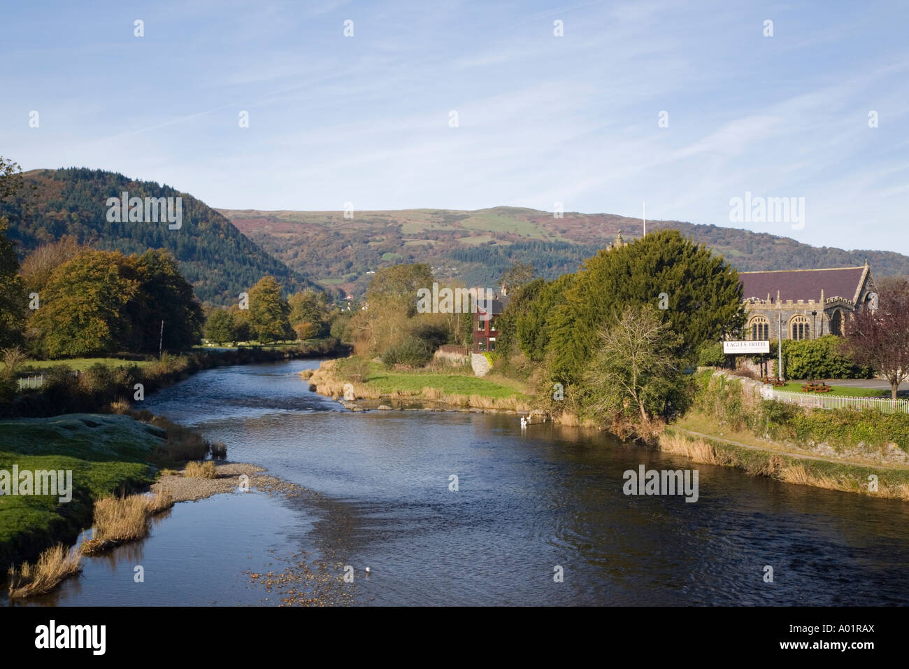 VIEW UP AFON CONWY RIVER VALLEY with St Grwst's Church 1670 Llanrwst ...