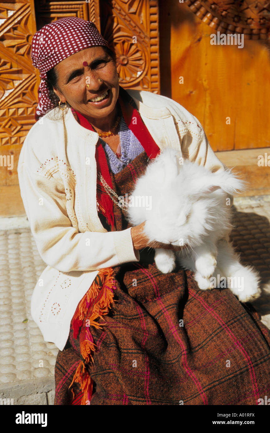 India Himachal Pradesh Manali woman with white rabbit Stock Photo - Alamy