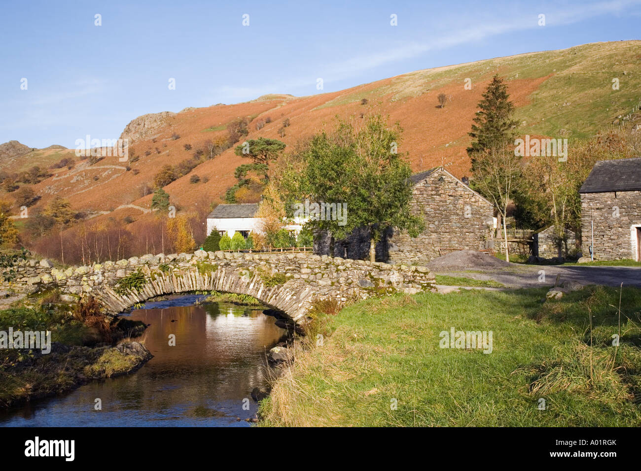 Old stone arch packhorse bridge over Watendlath beck in Lake District ...