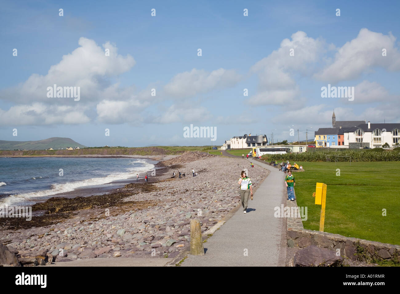 Beach and seafront promenade in popular resort town on "Ring of Kerry ...