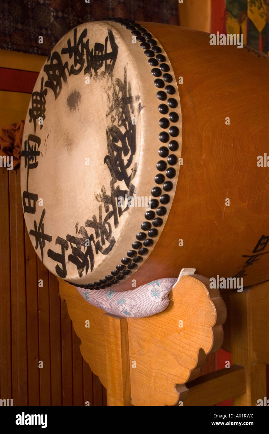 Traditional ritual drum inside Japanese monastery next to Shanti Stupa ...