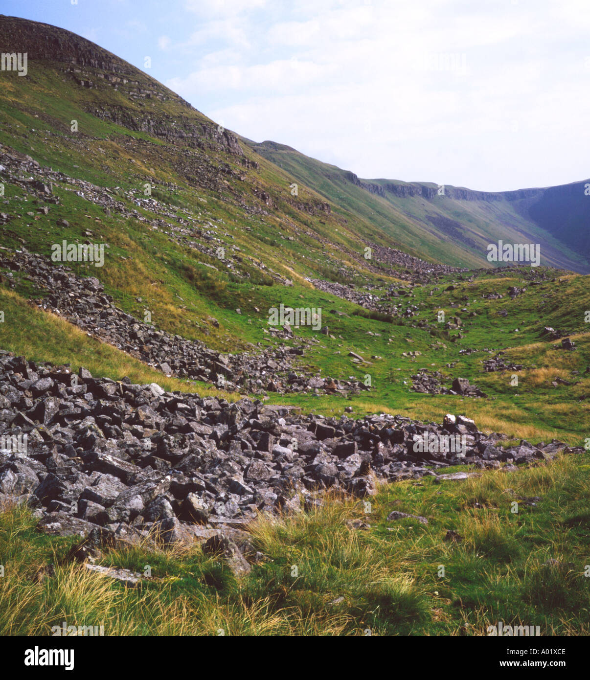 Scree slope in U-shaped glaciated valley of High Cup, Cumbria, north ...