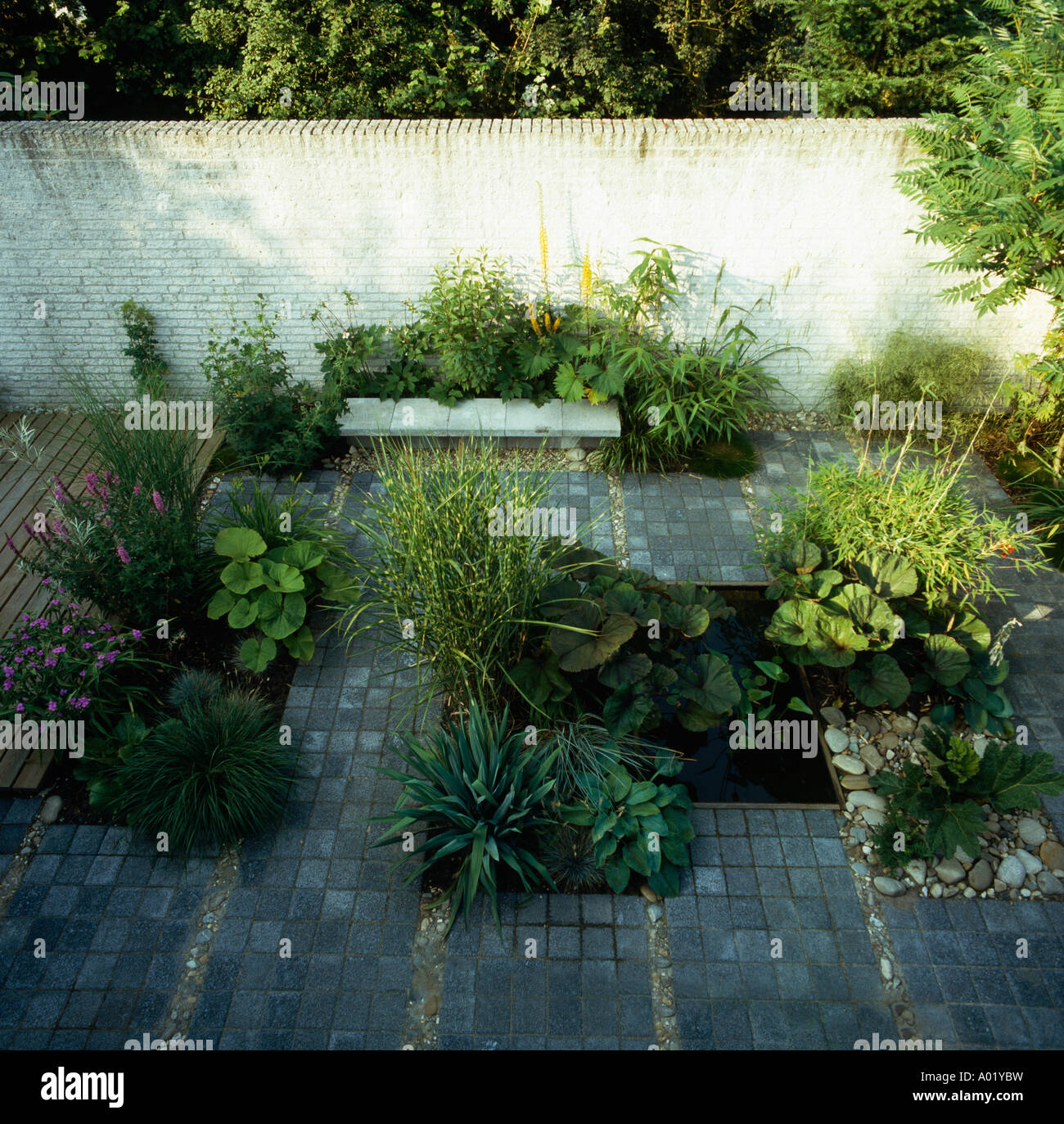 Birds-eye view of paved walled garden with pond and large green ...