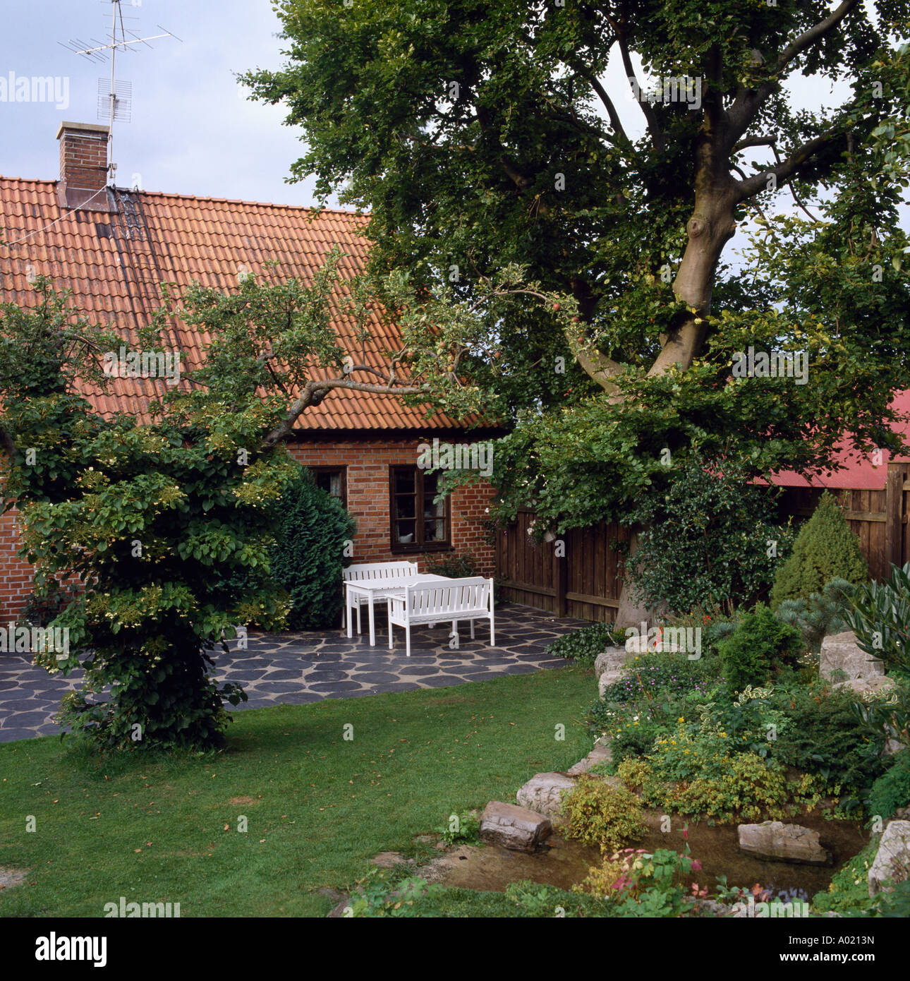 Rockery and lawn with large tree in front of small brick house with ...