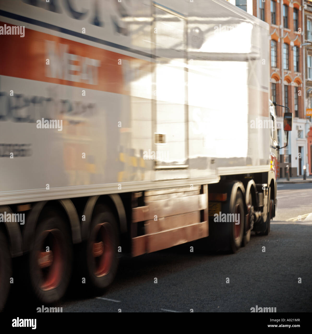 Articulated lorries queue up at Smithfield Meat market Central London ...