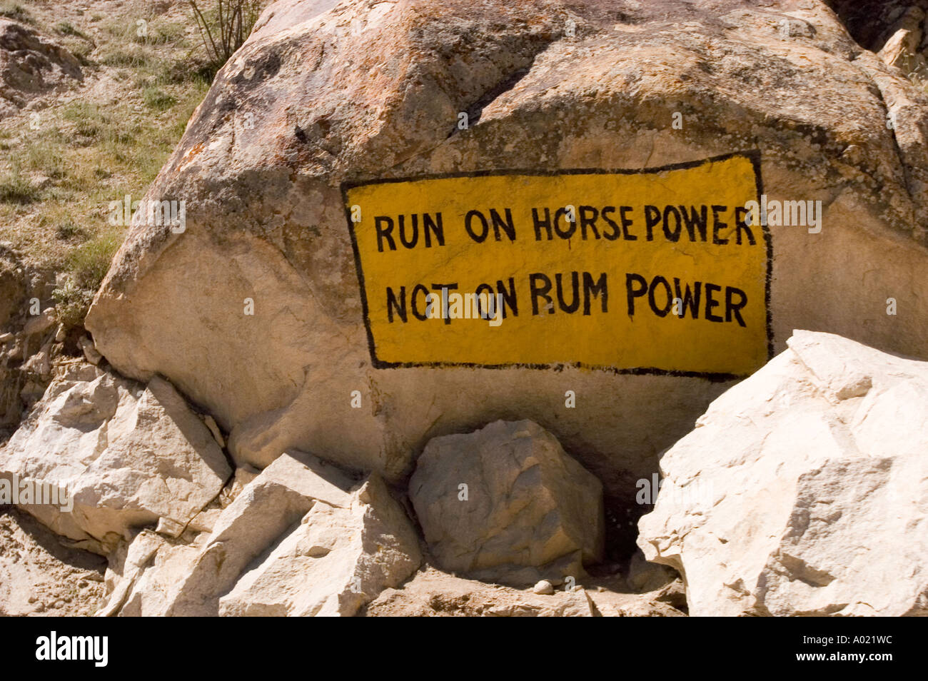 Run on horse power not on rum power road sign Nubra Valley Ladakh Stock ...