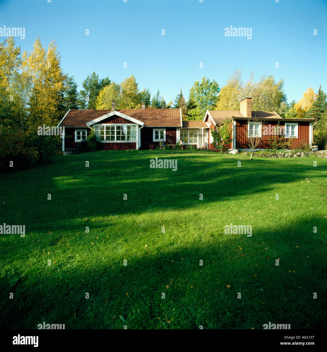 Large lawn in front of traditional wooden single storey Swedish houses ...