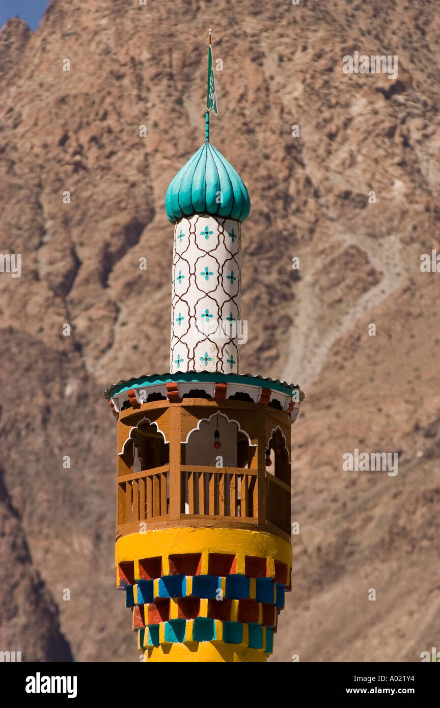 Minar of colorful mosque in Sunjak village place of Muslim Dard or ...