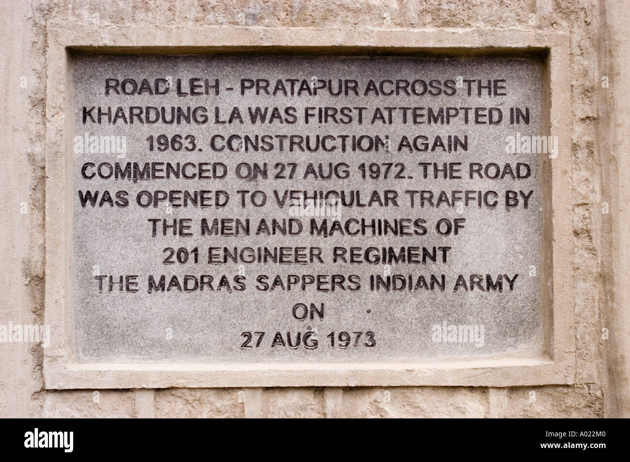 Plaque on Khardung La, highest motorable road, built by Madras Sappers ...